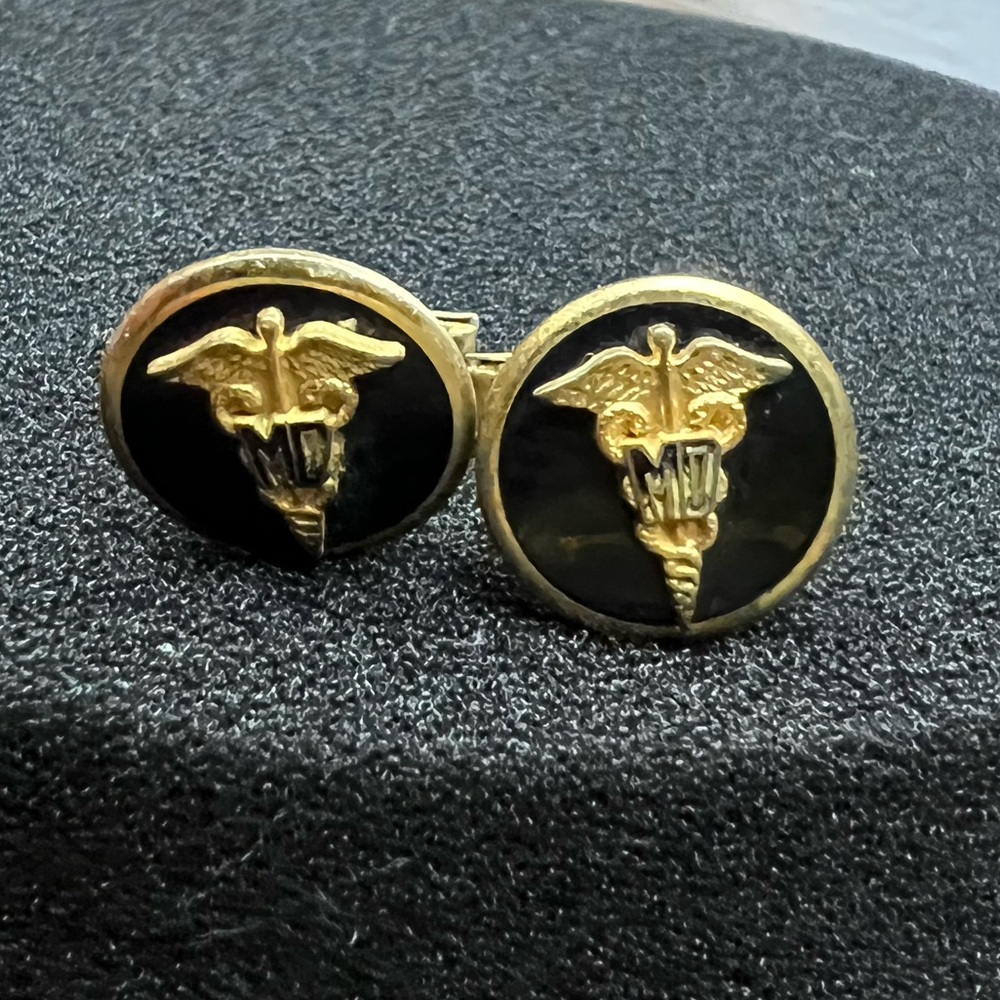 Vintage Md Caduceus Medical Doctor Enamel Cufflinks - Gem